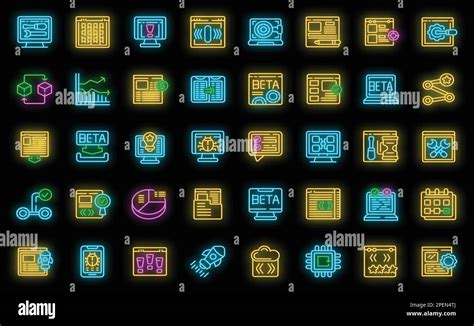 Beta Version Icons Set Outline Vector Build Bug Code App Neon Color On Black Isolated Stock
