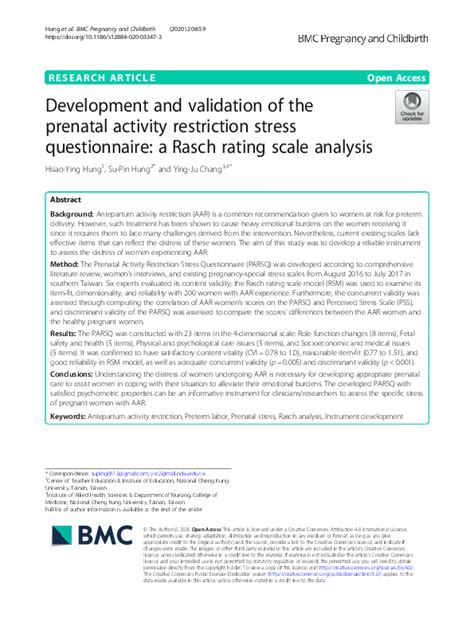 Pdf Development And Validation Of The Prenatal Activity Restriction Stress Questionnaire A