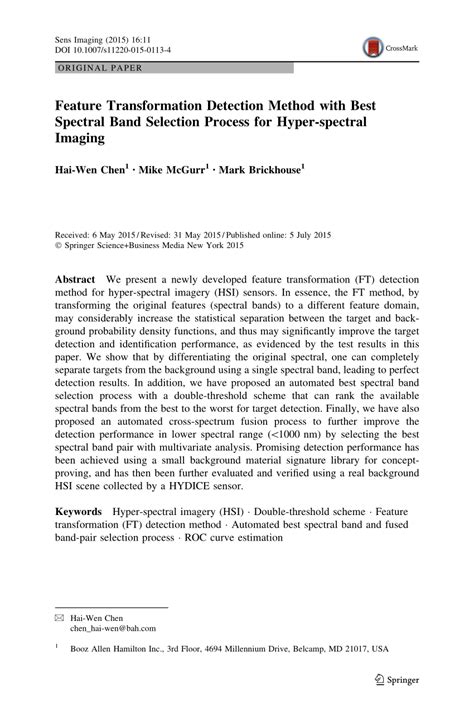Pdf Feature Transformation Detection Method With Best Spectral Band Selection Process For