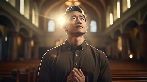 Joven Rezando En Una Iglesia Foto Premium