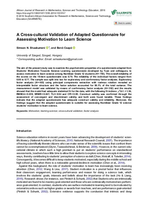 Pdf A Cross Cultural Validation Of Adapted Questionnaire For Assessing Motivation To Learn Science
