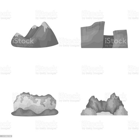 눈 협곡 숲과 바위 석호 상단과 바위와 녹색 산 다른 산 흑백 스타일 벡터 기호 재고 일러스트 레이 션 웹에서 컬렉션 아이콘을 설정합니다 결정체에 대한 스톡 벡터 아트 및