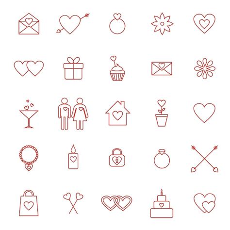 발렌타인 데이 또는 웨딩 디자인을 위한 라인 아이콘 세트 프리미엄 벡터