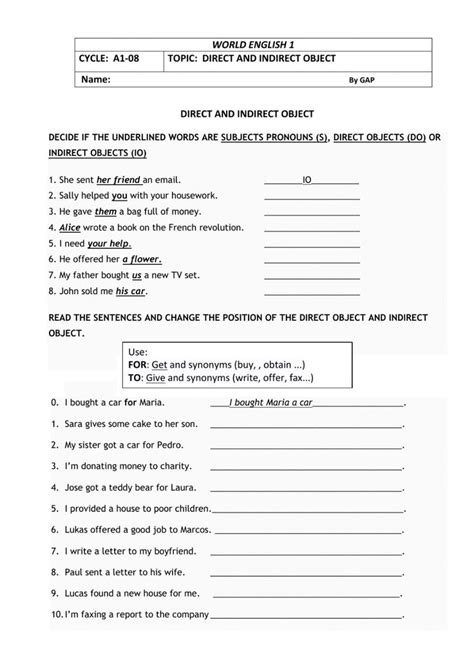 Direct And Indirect Object Interactive Worksheet