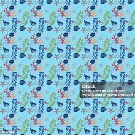 조개껍데기 산호 불가사리 패션 패브릭 직물 벽지 인쇄 종이 포장을 위한 파란색 배경에 바다 아래 벡터 원활한 반복 패턴 그리기 갑각류에 대한 스톡 벡터 아트 및 기타 이미지