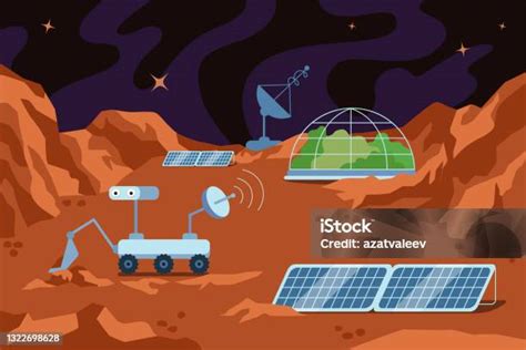 붉은 행성 식민지 인간 우주 기지 화성 의 풍경과 돔 건물에 과학 스테이션 하늘에 산과 별 우주의 은하계역 식민지는 외계 행성 토양 탐사를 탐구 화성 행성에 대한 스톡 벡터