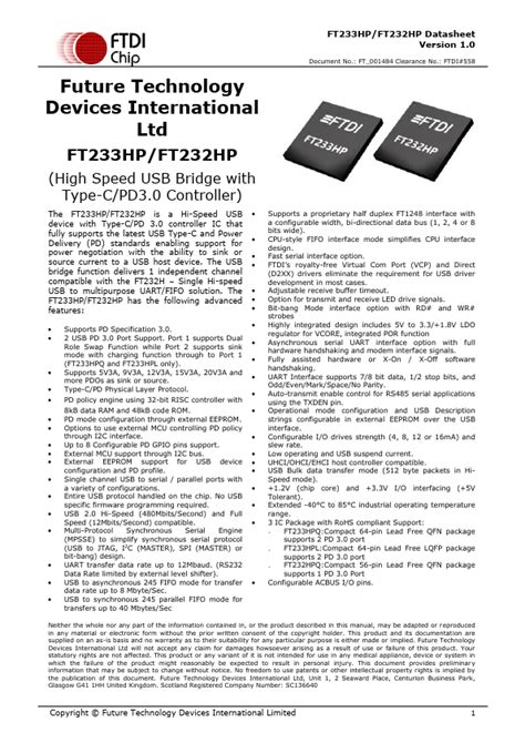 FT232HP FT233HP High Speed USB Bridge FTDI