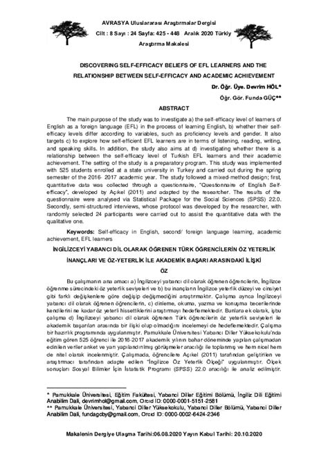 Pdf Discovering Self Efficacy Beliefs Of Efl Learners And The Relationship Between Self