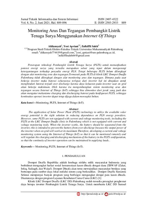Pdf Monitoring Arus Dan Tegangan Pembangkit Listrik Tenaga Surya Menggunakan Internet Off Things