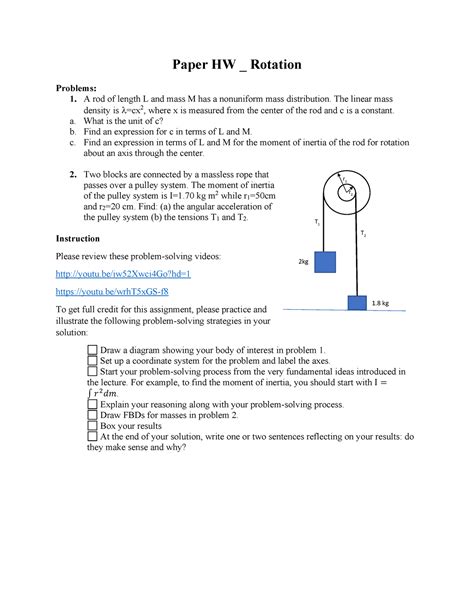 Paper Homework Moment Of Inertia And Rotation V Paper HW Rotation Problems A Rod Of