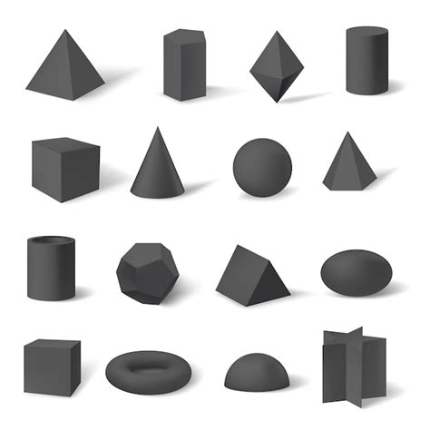 흰색 배경에 3d 검은 기하학적 그림 모양 설정 큐브 사각형 원뿔 피라미드 프리즘 실린더 육각형 별 사다리꼴 토러스 수학 기하학 개체 프리미엄 벡터