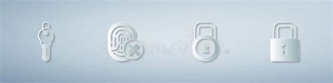 Set Key Cancelled Fingerprint Lock And Paper Art Style Vector Stock Vector Illustration