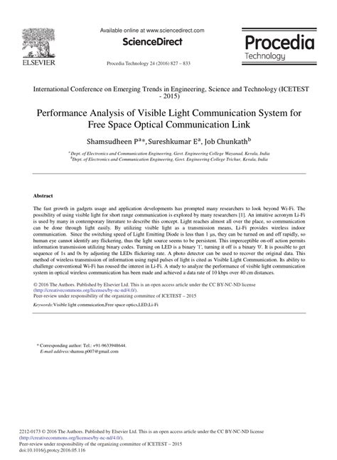 Pdf Performance Analysis Of Visible Light Communication System For Free Space Optical