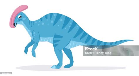 파라사우롤로푸스 공룡 만화 Parasaurolophus Dino 큰 초식 고대 파충류 평면 벡터 그림 흰색 바탕에 Parasaurolophus 공룡 고고학에 대한 스톡 벡터
