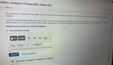Solved Animation Analysis Of Copper Zinc Voltaic Cell Of Chegg Com