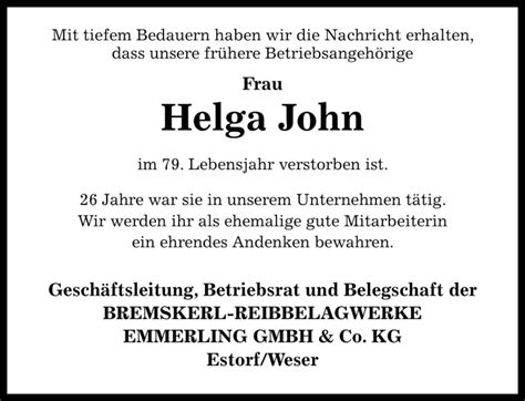 Traueranzeigen Von Helga John Trauer Anzeigende