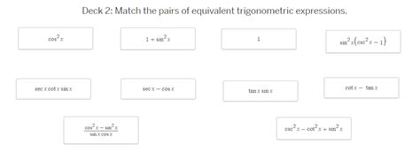 Solved Deck 2 Match The Pairs Of Equivalent Trigonometric