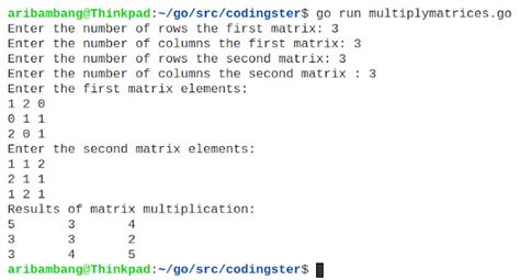 go program to multiplication two matrices golang codingster