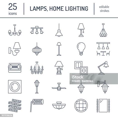 조명 기구 램프 평평한 라인 아이콘 가정 및 야외 조명 장비샹들리에 벽에 머리 책상 램프 전구 전원 소켓 벡터 일러스트 레이 션 전기 인테리어가 게에 대 한 표지판 아이콘에