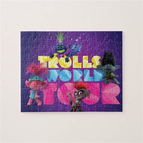 A Puzzle Piece With The Words Troll S World Tour Written On It And Cartoon Characters