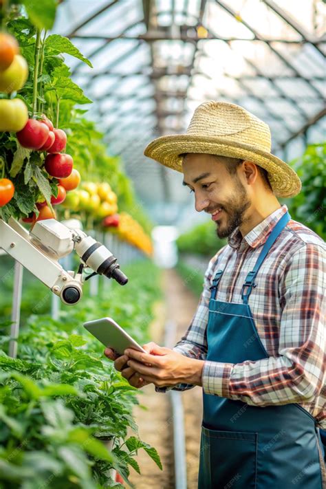 Premium Photo Ai Farmer Use Smartphone And Robotics Assistant Pollinate Of Fruits And