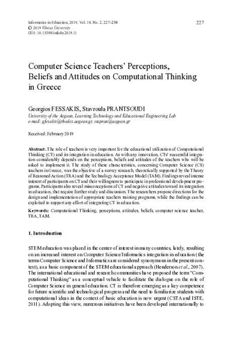 Pdf Computer Science Teachers Perceptions Beliefs And Attitudes On Computational Thinking In