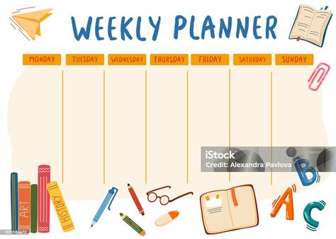 학교 주간 플래너 노트북 교과서 펜 연필 지우개 편지 및 종이 비행기 만화 학교 개체와 기호와 귀여운 템플릿 손으로 그린 만화