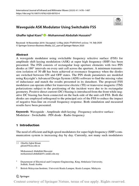 Waveguide Ask Modulator Using Switchable Fss Pdf Diode Modulation
