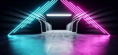 네온 퍼플 블루 빛나는 미래의 현대 공상 과학 Fi 콘크리트 복도 복도 터널 창 고 지 하 차고 그 후 어두운 빈 반사 쇼케이스 무대 레이저 우주선 3d 렌더링 0명에 대한