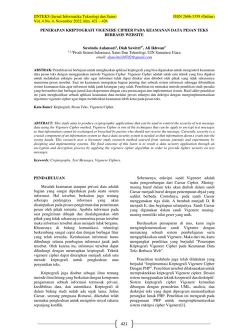 Pdf Penerapan Kriptografi Vigenere Cipher Pada Keamanan Data Pesan