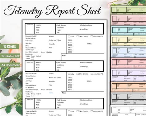 Telemetry Nurse Report Sheet Printable Sheets 10 Colours Digital Download Nurse Report Sheet
