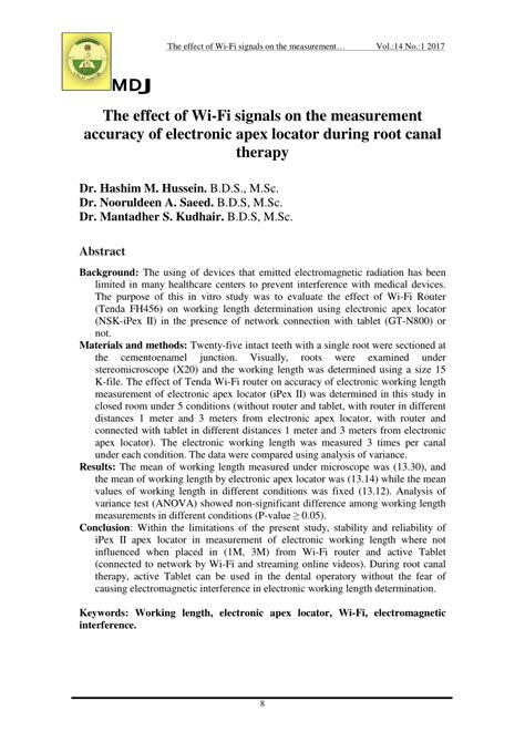 Pdf The Effect Of Wi Fi Signals On The Measurement Accuracy Of Electronic Apex Locator During