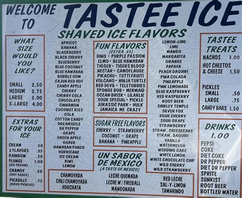 Menu Arlington Txs Tastee Ice Snow Cones Sirved