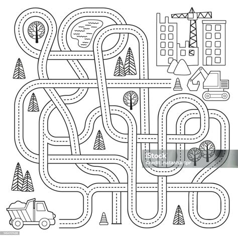차량과 얽힌 도로가 있는 미로 게임 트럭이 건설 현장에 도착하도록 도와주세요 색칠하기 책 페이지 거리에 대한 스톡 벡터 아트 및 기타 이미지 Istock