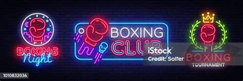 컬렉션 권투 네온 표지판 디자인 벡터 템플릿입니다 스포츠 싸움 밤 네온 밝은 밤 광고에 대 한 복싱 대회 밤 로고 밝은 네온