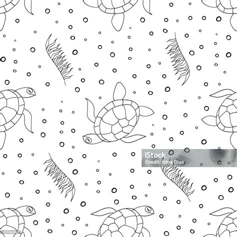 바다 거북과 해초 매끄러운 패턴 바다 바닥 해양 생물 손 그린 낙서 윤곽선 스크랩북 포장용지 배경 스톡 벡터 일러스트레이션 0명에 대한 스톡 벡터 아트 및 기타 이미지