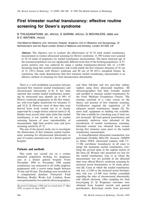 Pdf First Trimester Nuchal Translucency Effective Routine Screening For Downs Syndrome