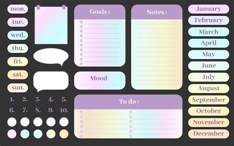 메모 카드 스티커 스크랩북 플래너 플랫 세트 레인보우 그라데이션 할로그램 파스텔 요일 목록 기분 목표 말풍선 숫자 그리드 스탬프
