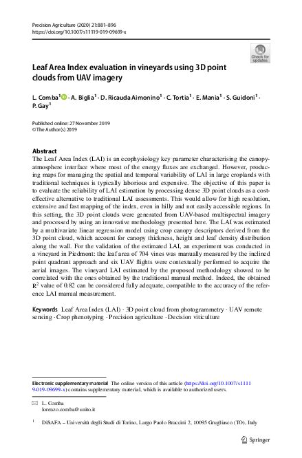 Pdf Leaf Area Index Evaluation In Vineyards Using 3d Point Clouds From Uav Imagery