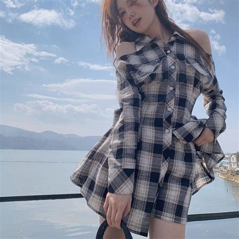 크냐티 체크 오프숄더 셔츠 원피스 반바지 투피스