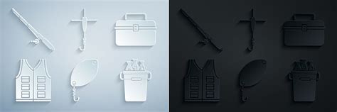 와우 및 기어 낚시 장비 재킷 물고기와 양동이 후크 플로트와 막대 아이콘에 대한 낚시 숟가락 케이스 또는 상자 용기를 설정합니다 벡터 스포츠에 대한 스톡 벡터 아트 및 기타