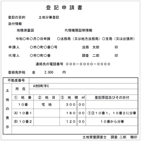 土地の分筆登記申請書の記載例と書き方