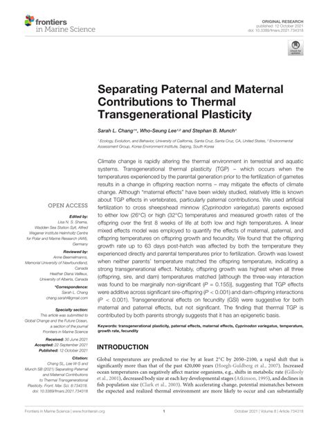 Pdf Separating Paternal And Maternal Contributions To Thermal Transgenerational Plasticity