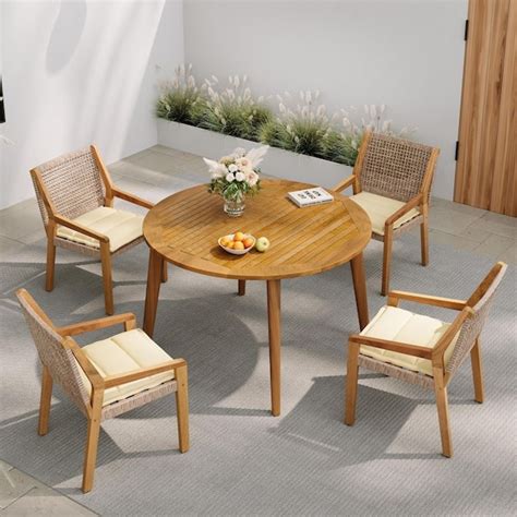 Brown 5 Piece Wood And Wicker Outdoor Dining Set With Cream Cushions