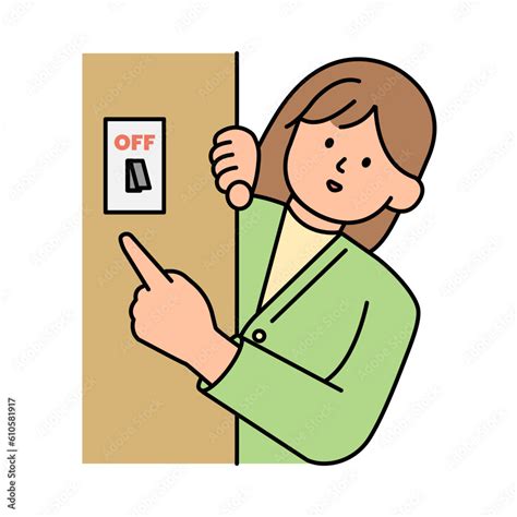 Woman Pointing To Light Switch Turning Off To Save Electricity