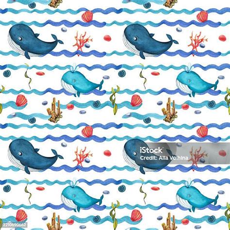 귀여운 고래 조개 바다 자갈 파도 조류 수채화 일러스트 레이 션과 완벽 한 해양 스타일 패턴 고래에 대한 스톡 벡터 아트 및 기타 이미지 Istock