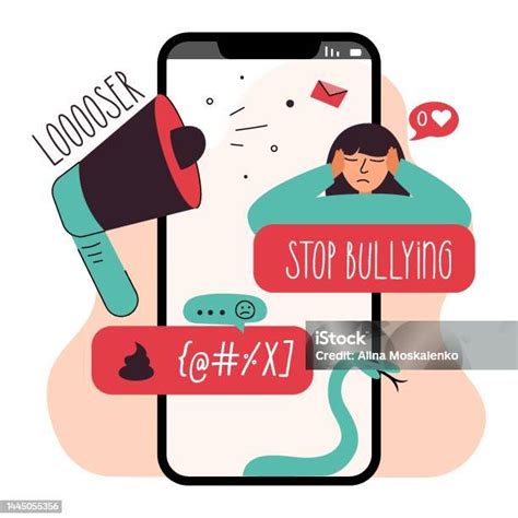 여성 전화 모바일 채팅 좋은 메시지를 얻지 못하고 싫어하고 상처를 주는 말 레터링 패자 사이버 괴롭힘을 중지하십시오 벡터 일러스트레이션 네트워크 남용 인터넷 문제 및 차별