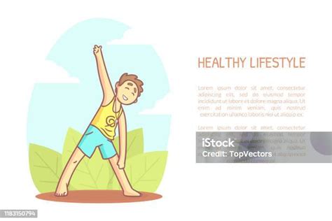 텍스트 아침 물리적 운동 요가 벡터 일러스트를 연습 하는 젊은 남자 캐릭터에 대 한 공간이 있는 도시 공원 배너 템플릿에서