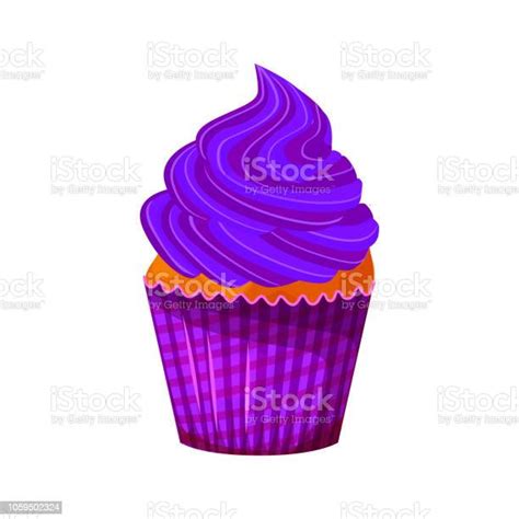 달콤한 컵 케 익의 벡터 만화 스타일의 일러스트입니다 맛 있는 달콤한 디저트 보라색 크림으로 장식 흰색 배경에 고립 된