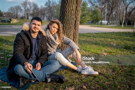 자연의 초원에 앉아 셀카를 찍는 귀여운 행복한 미소 짓는 백인 커플 2명에 대한 스톡 사진 및 기타 이미지 2명 공원 귀여운 Istock